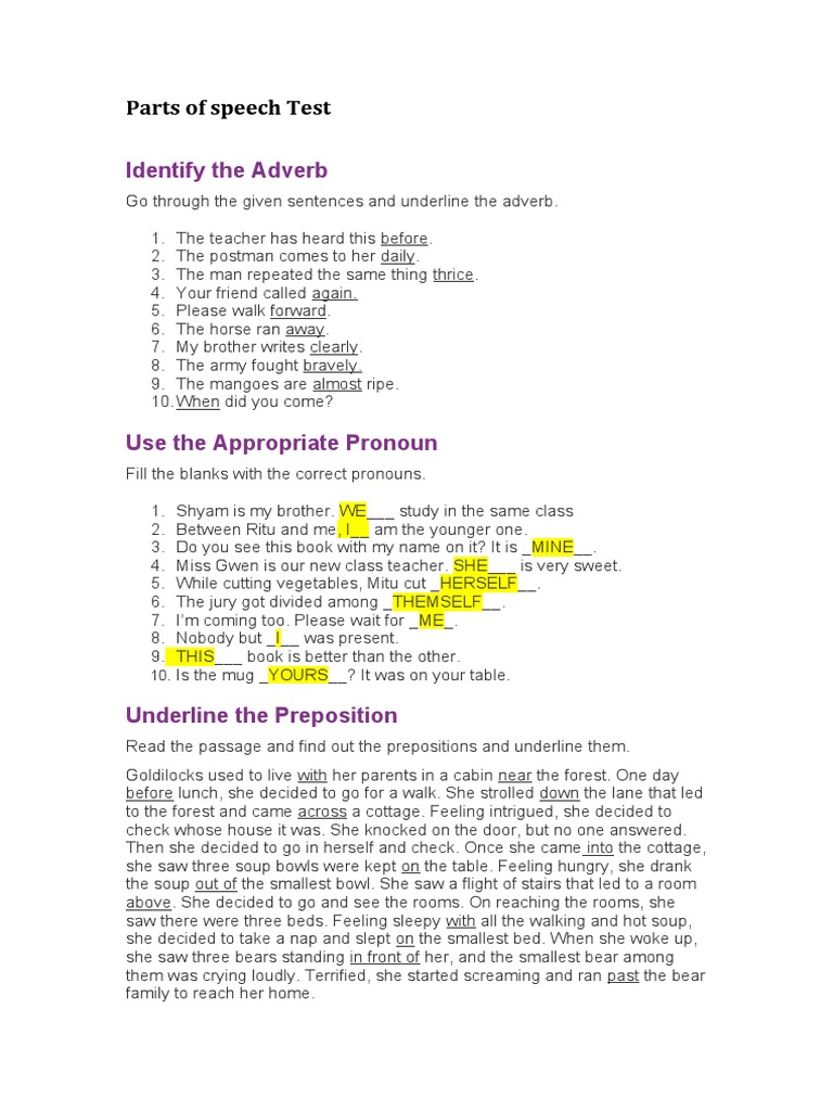 Parts of Speech Test | PDF