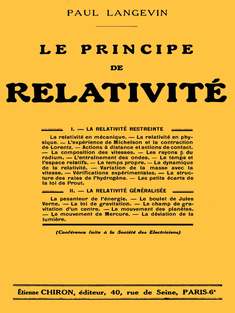 Paul Langevin : Principe de relativité | PDF | Relativité restreinte ...