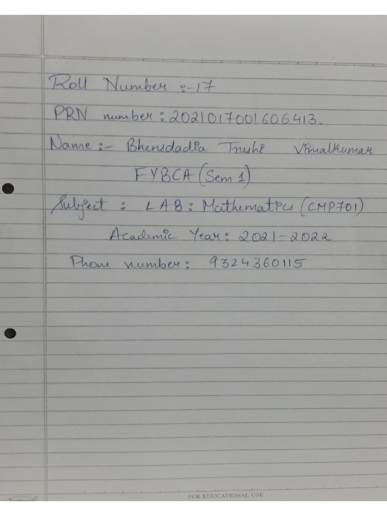 FYBCA-017-Bhensdadia Trushi-LAB - Mathematics PDF | PDF