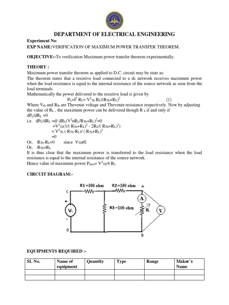 Verification of Max. Power Transfer Theorem | PDF