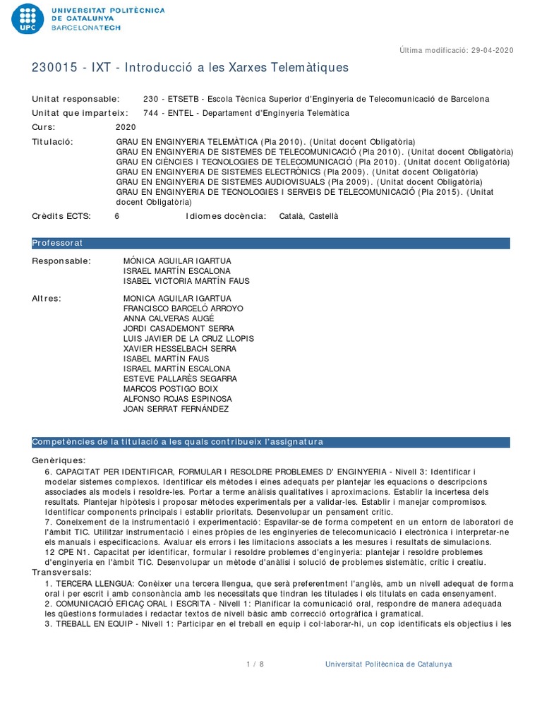 IXT - Introducció A Les Xarxes Telemàtiques: Unitat Que Imparteix: Curs: Unitat Responsable | PDF