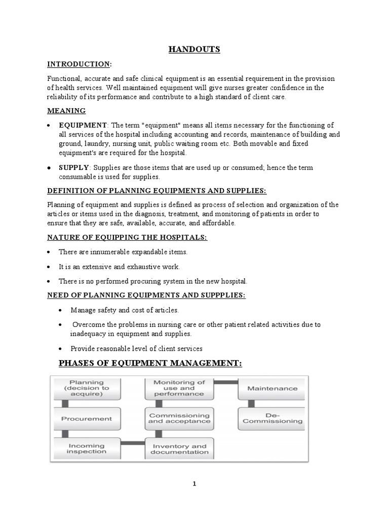HANDOUTS of planning equipment and supplies.docx | PDF | Hospital | Nursing