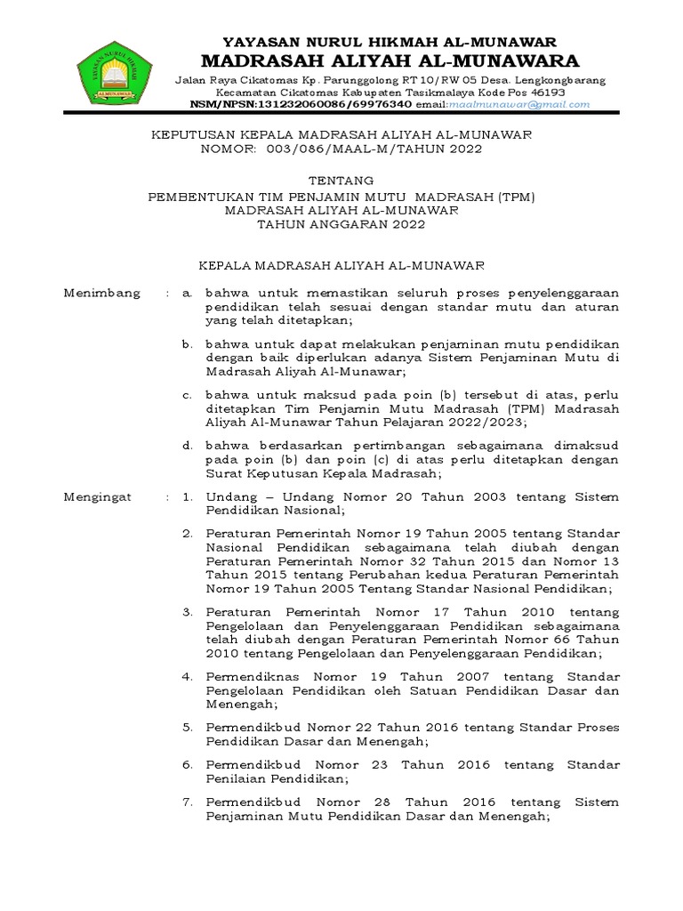 SK Tim Penjamin Mutu Madrasah (TPM) | PDF