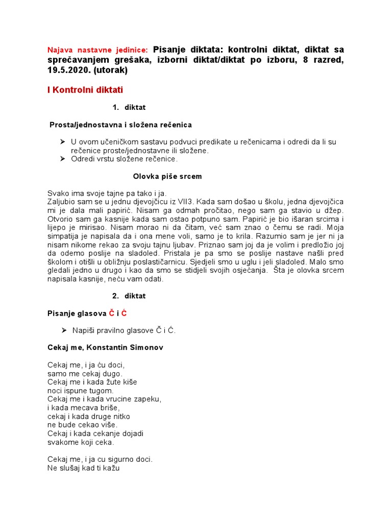Diktat - Ponavljanje 8. Razred | PDF