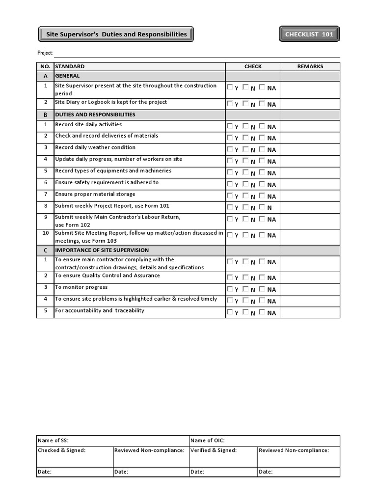 Checklist101 - Site Supervisor's Duties and Responsibilities | PDF ...