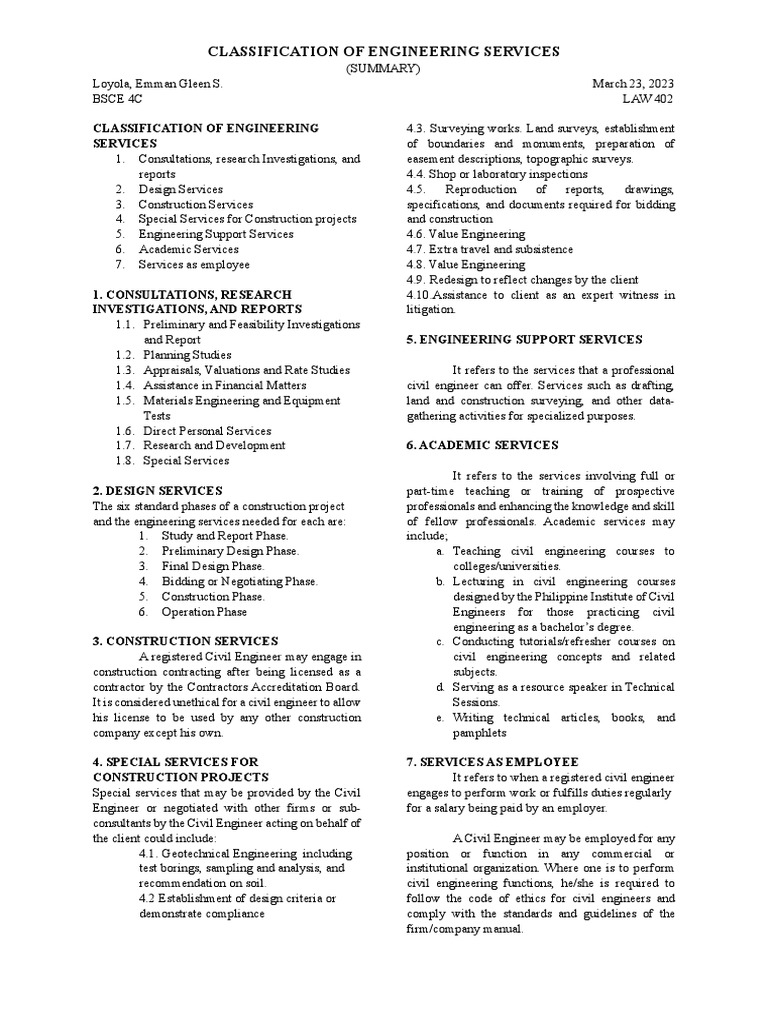 Summary of Classification of Engineering Services - Loyola - Egs - Bsce ...