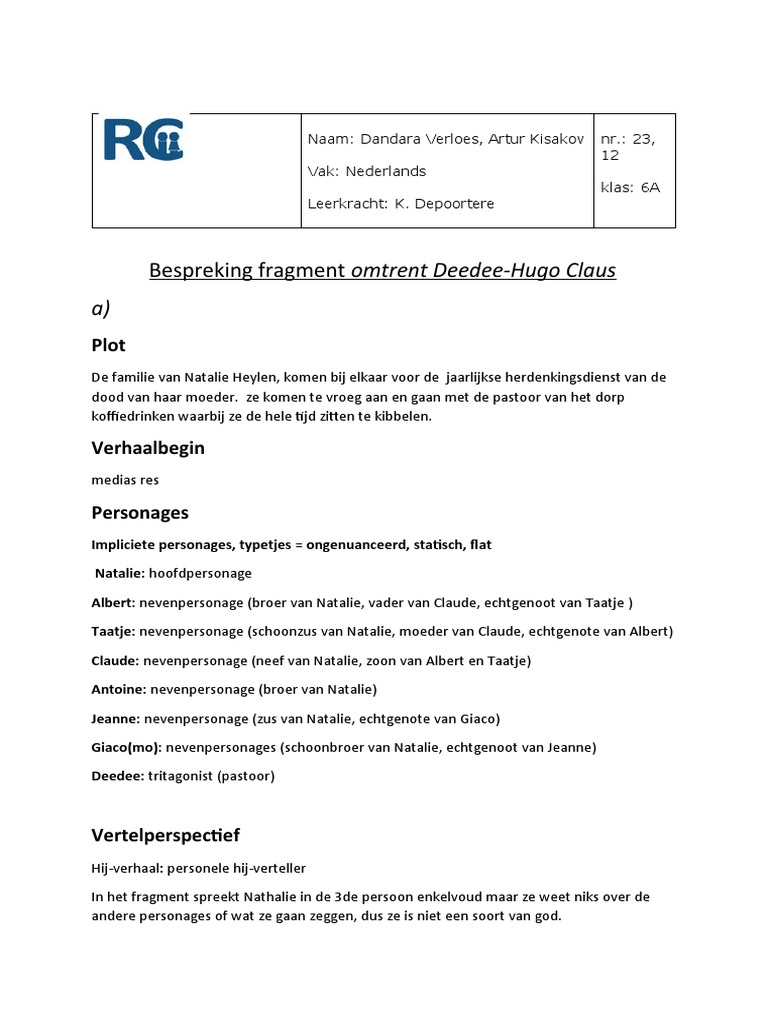 Bespreking fragment omtrent Deedee-Hugo Claus(1) | PDF
