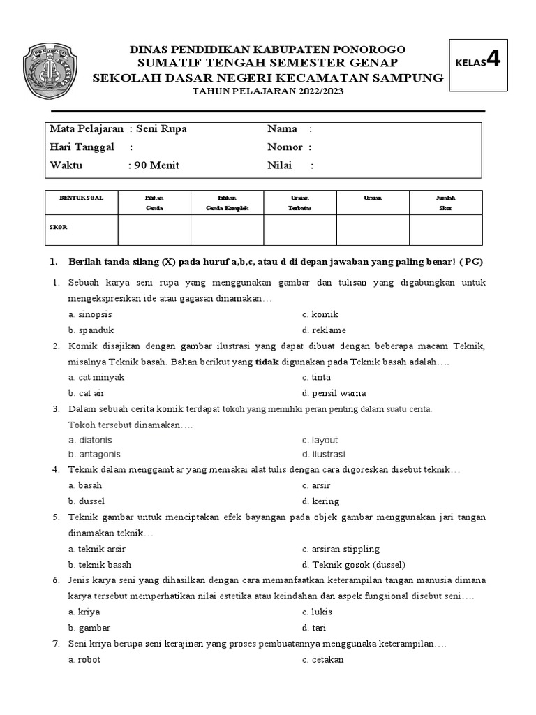 Soal Sumatif Seni Rupa Kelas 4 | PDF