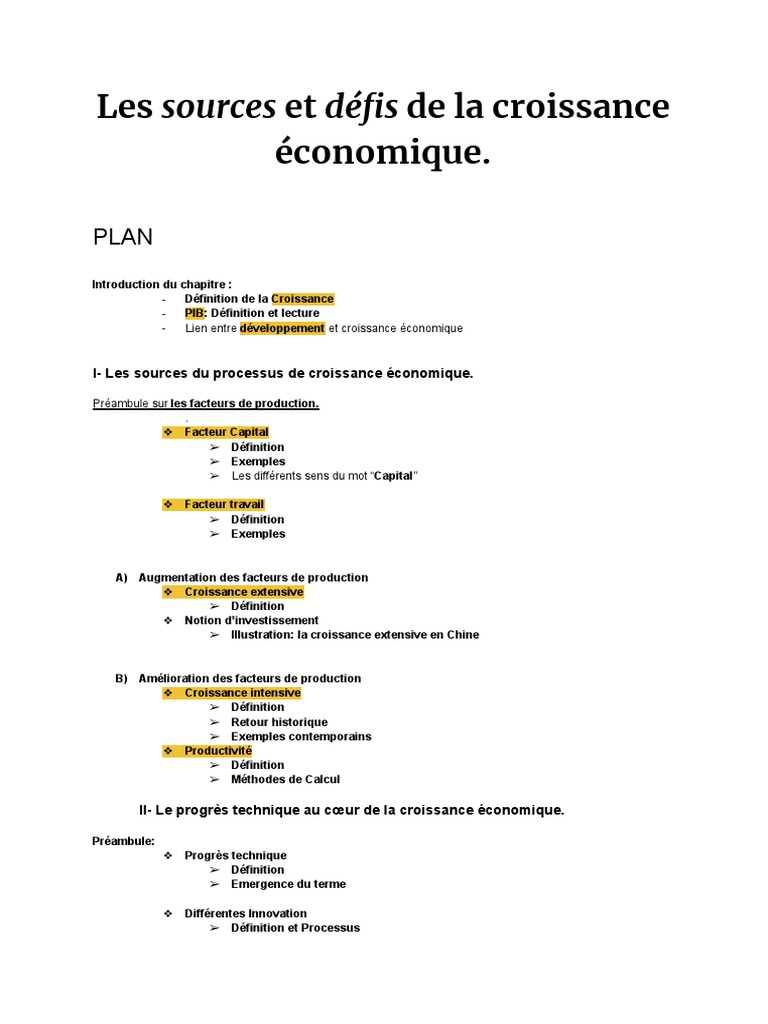 Cours Complet - Sources Et Défis de La Croissance Économique. Chapitre 1 SES Terminale | PDF ...