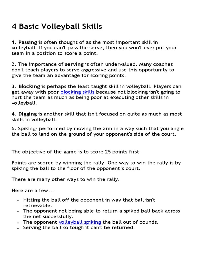 4 Basic Volleyball Skills | PDF | Volleyball | Ball Games