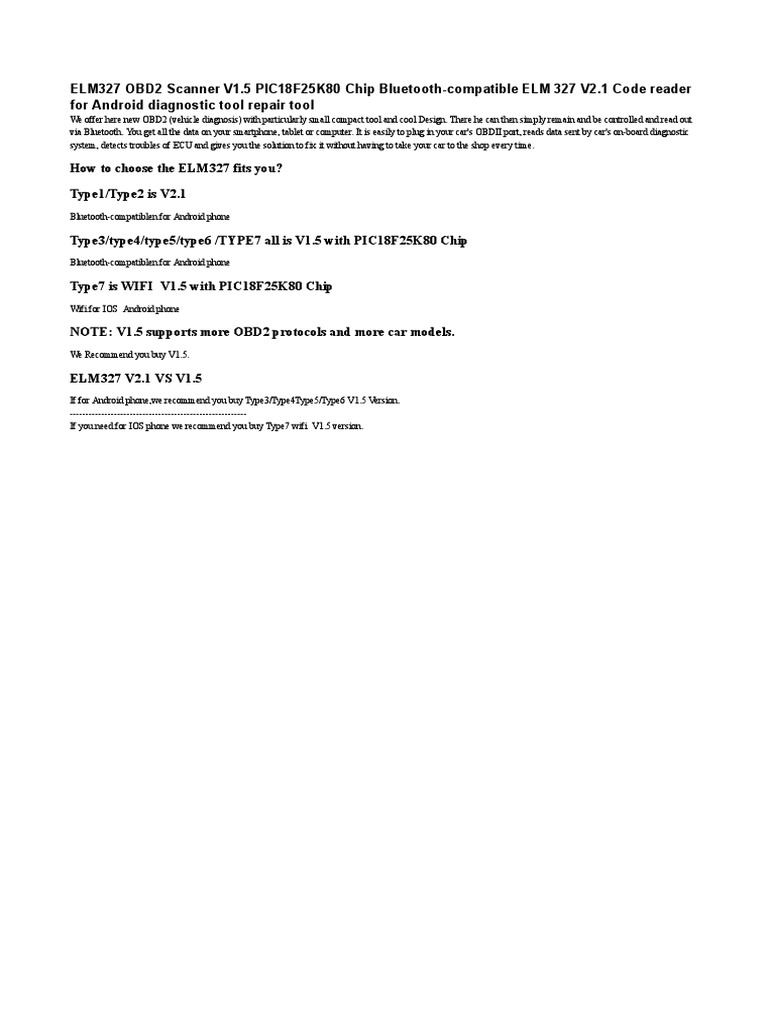 OBD2 Scanner ELM327 V1.5 PIC18F25K80 Bluetooth Compatible ELM 327 V2 | PDF | Android (Operating ...