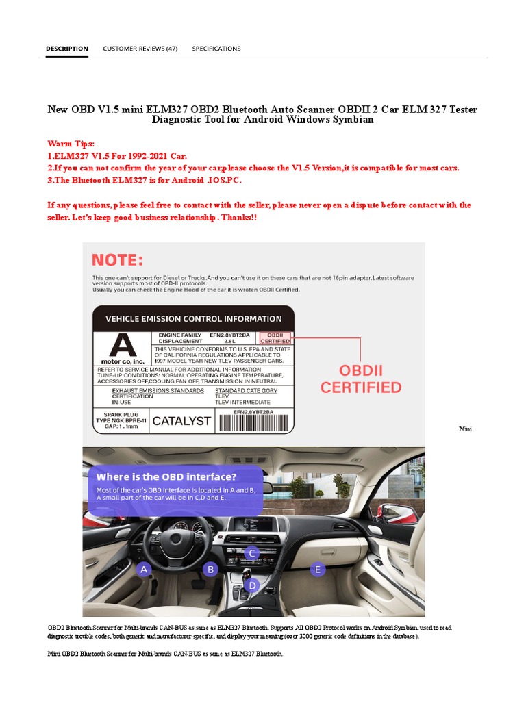 Bluetooth Elm327 Auto V1.5 Obd2 Scanner Code Reader Tool Car Diagnostic ...