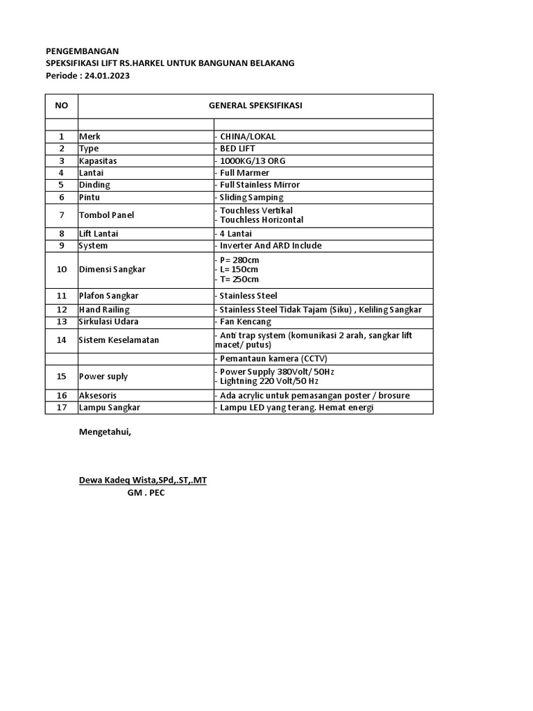 Spek Lift RSHK | PDF