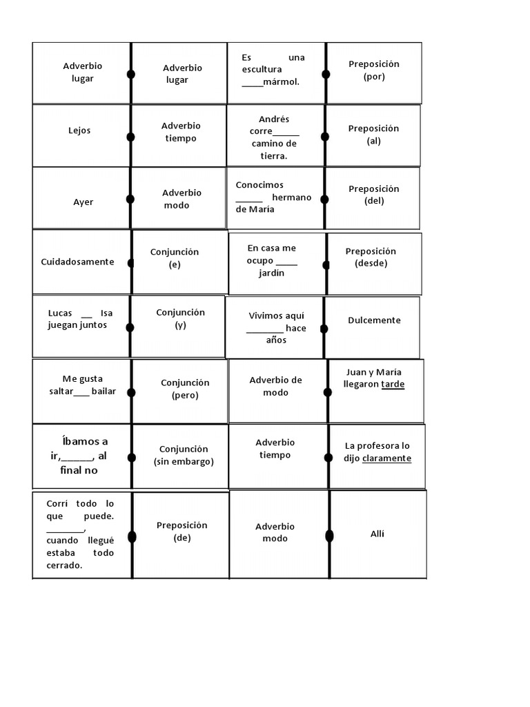 Dominó Preposiciones, Conjunciones y Adverbios | PDF