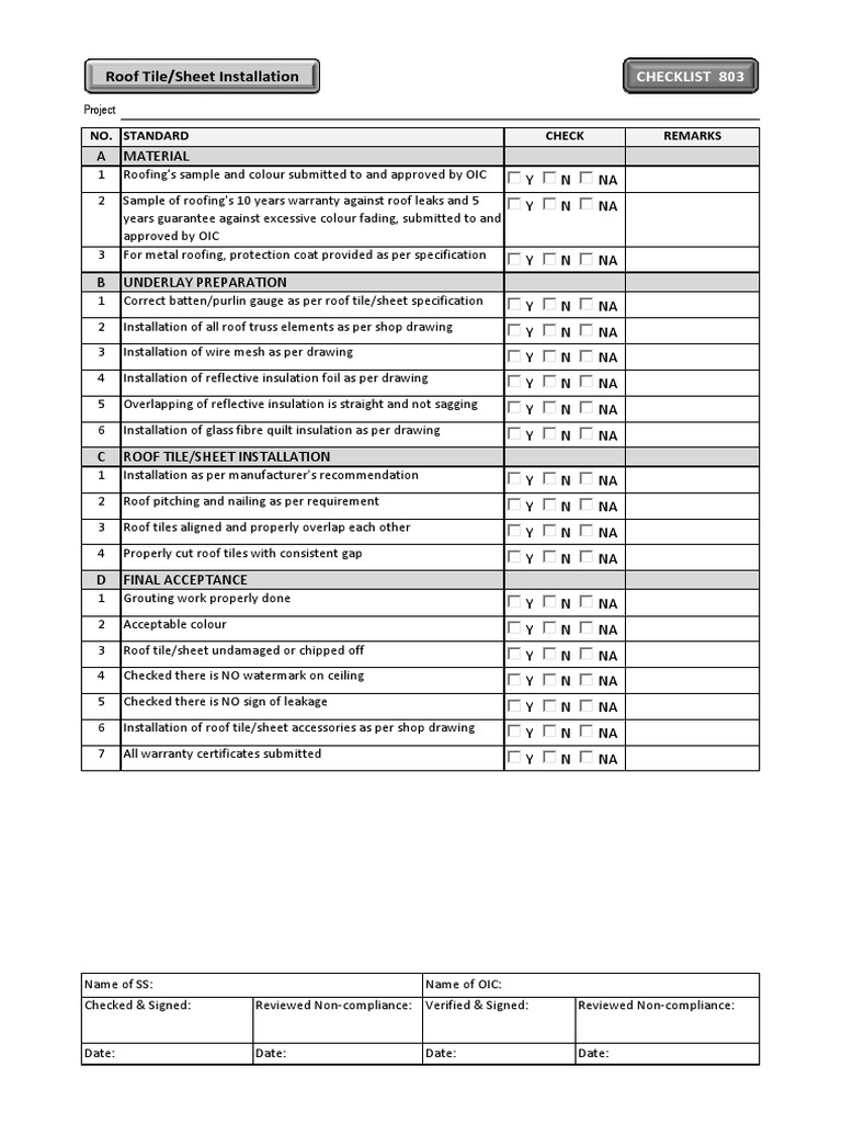 Roof Tile Installation Checklist | PDF | Roof | Materials