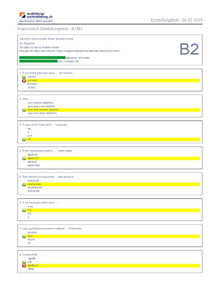 Test de français B1/B2 - Résultats | PDF | Échecs | Théorie (échecs)