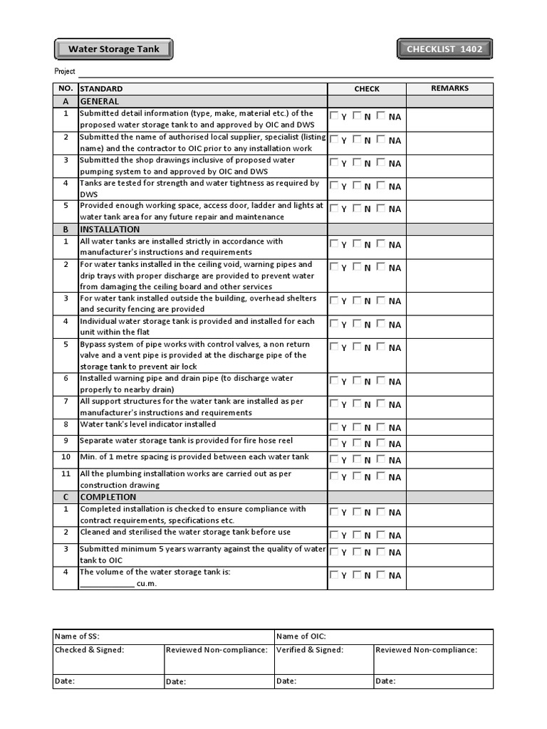 Checklist1402 - Water Storage Tank | PDF | Pipe (Fluid Conveyance ...