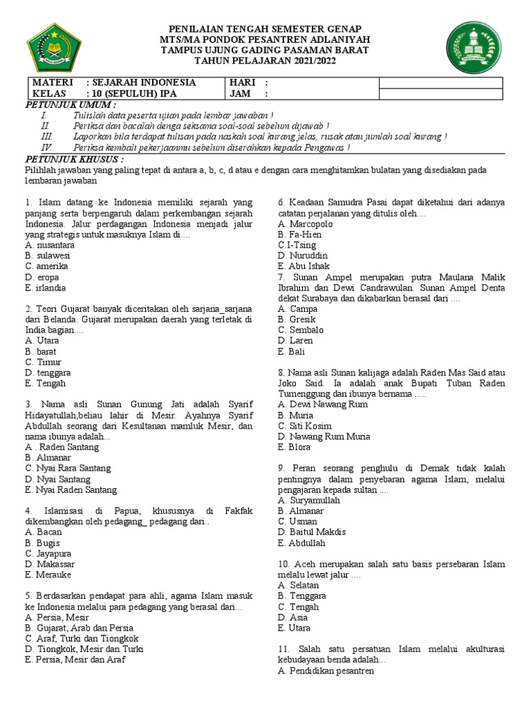 Mid Sejarah Indonesia Kls X Ipa | PDF