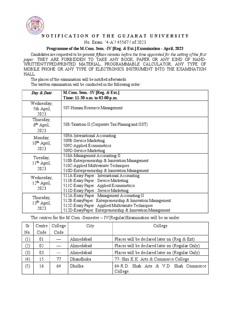 Gujarat University MCom Sem IV exam schedule April 2023 | PDF