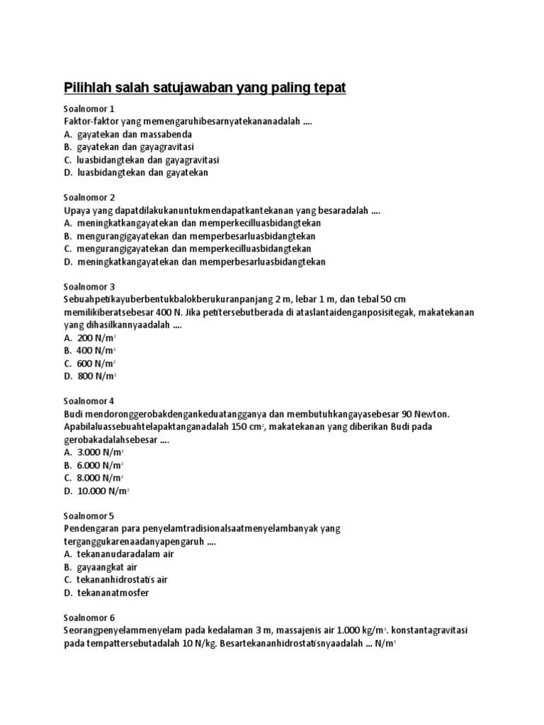 Latihan Soal IPA Tekanan #1 | PDF | Sains & Matematika