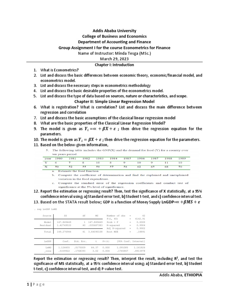 Addis Ababa University - Group Assignment I-4 | PDF | Regression Analysis | Econometrics