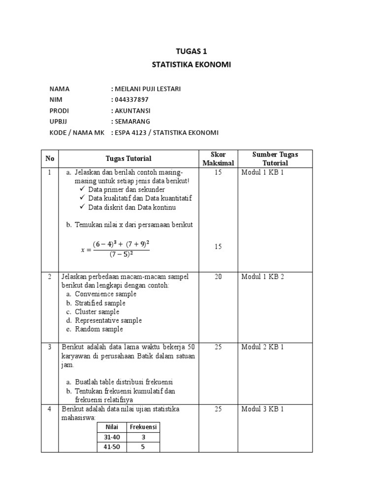 Tugas 1 Statistika Ekonomi-044337897-Meilani Puji Lestari | PDF