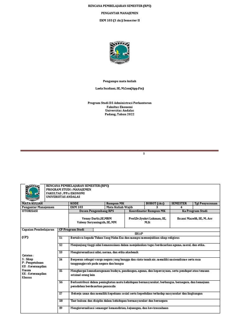 RPS Pengantar Manajemen D3 | PDF