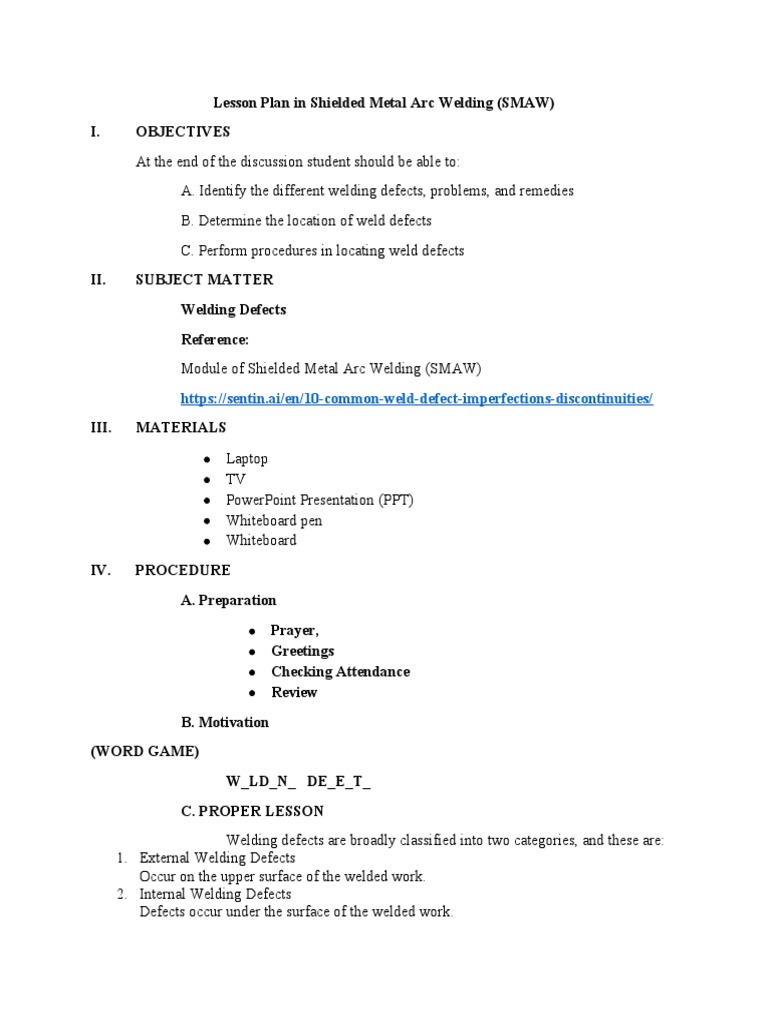 Lesson Plan in Shielded Metal Arc Welding Straight Bead | PDF