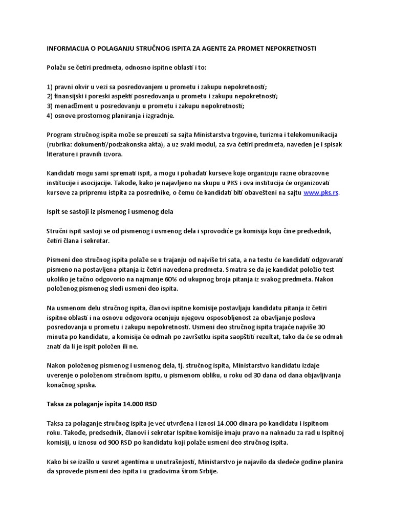 Informacija o Polaganju Stručnog Ispita Za Agente Za Promet Nepokretnosti | PDF