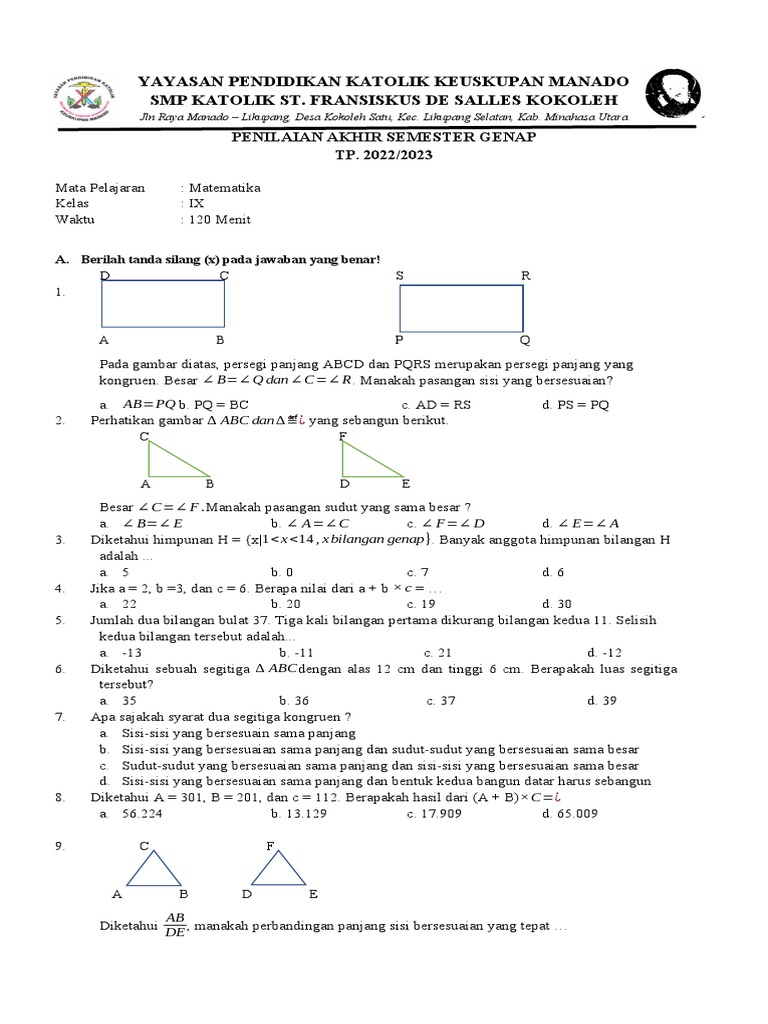 Soal Uas Matematika KLS 9 2023 | PDF
