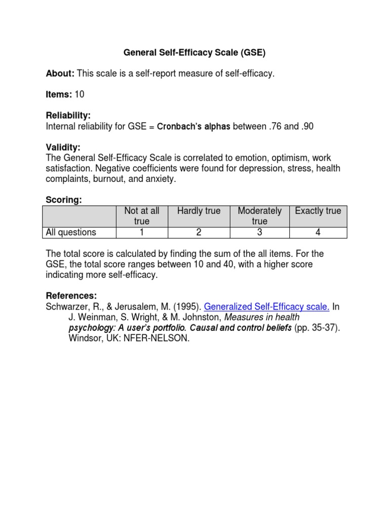 General Self-Efficacy Scale Overview | PDF