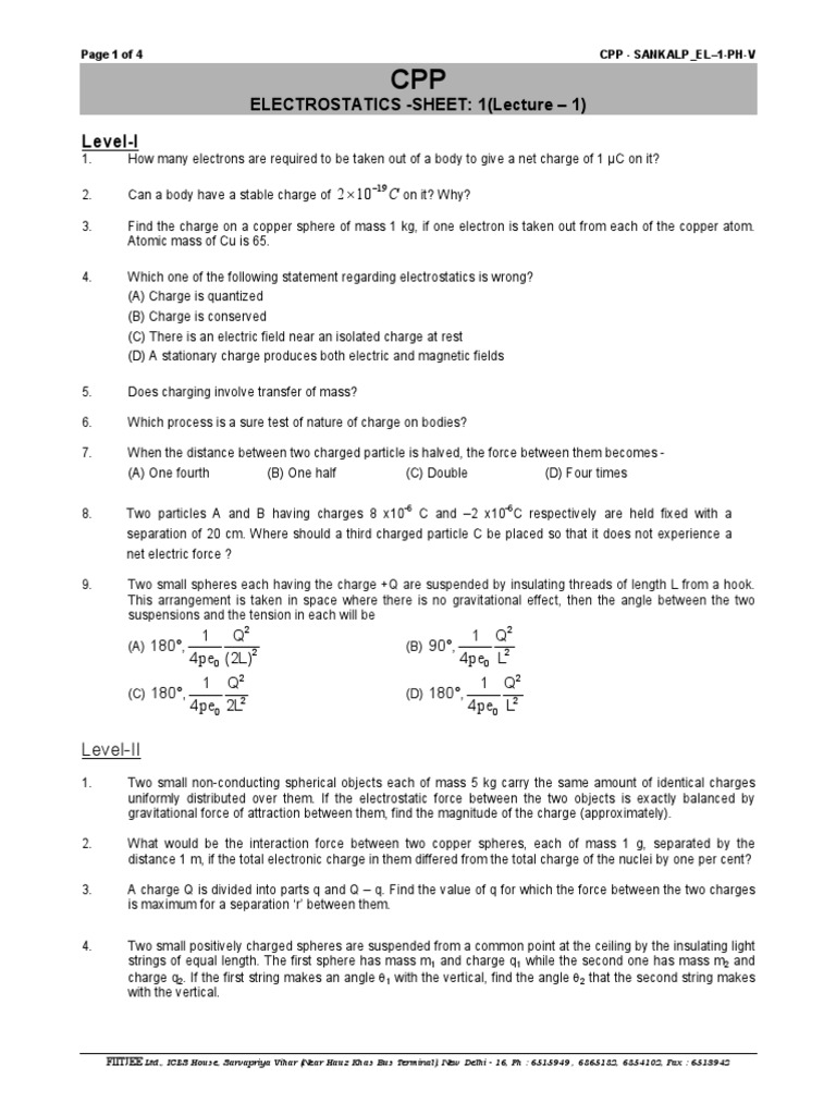 Electrostatics Practice Sheet | PDF | Electric Charge | Mass
