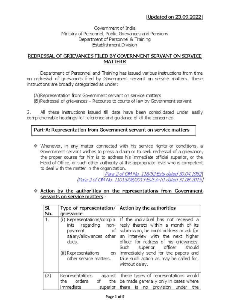 Redressal of Grievances Filed by Government Servant On Service PDF ...
