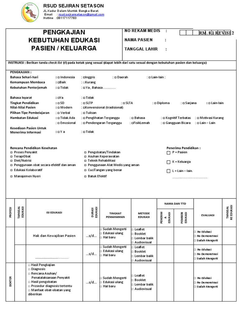 Form Pengkajian Kebutuhan Edukasi Pasien (2 Halaman) | PDF