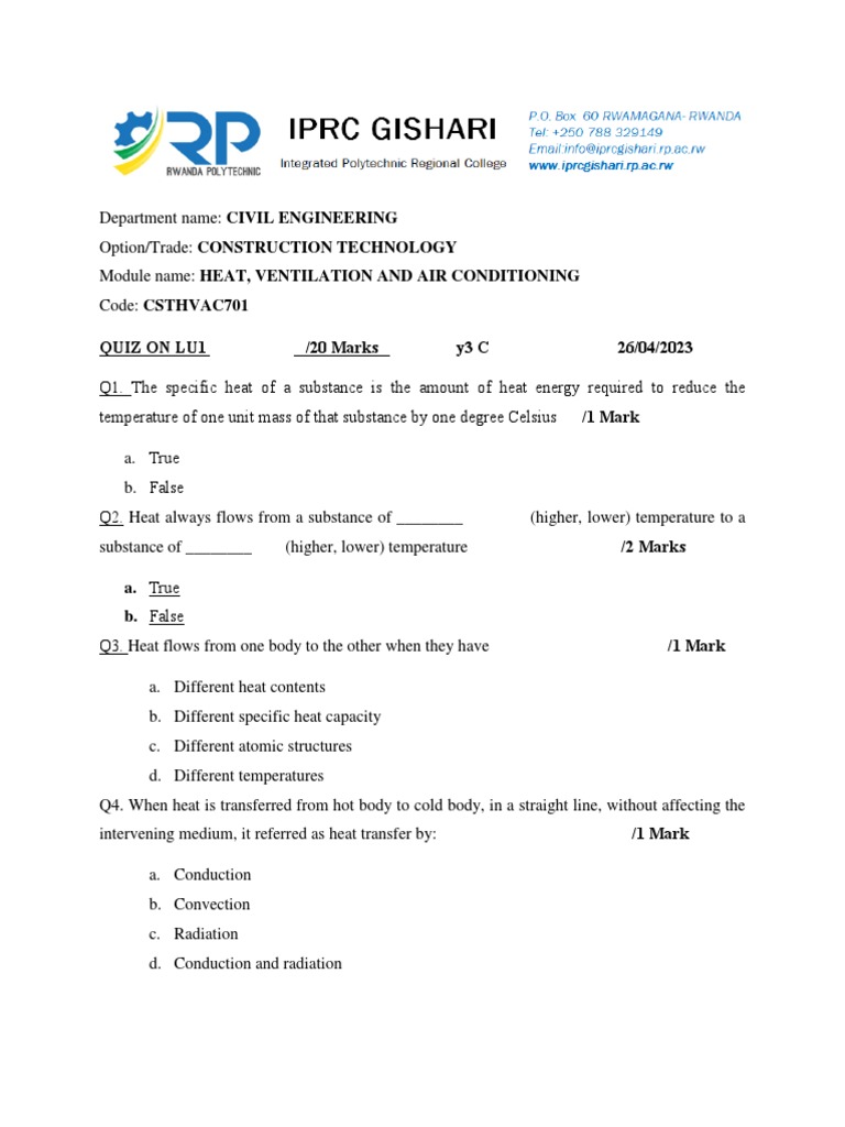 Quiz Lu1 Y3 A PDF | PDF | Heat | Thermal Conduction