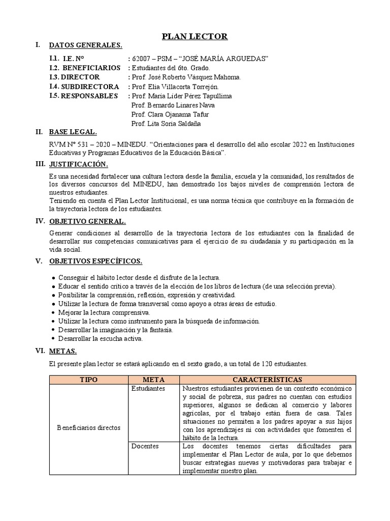Plan Lector - 6to. Grado - 2023 | PDF | Enseñando | Modificación de ...