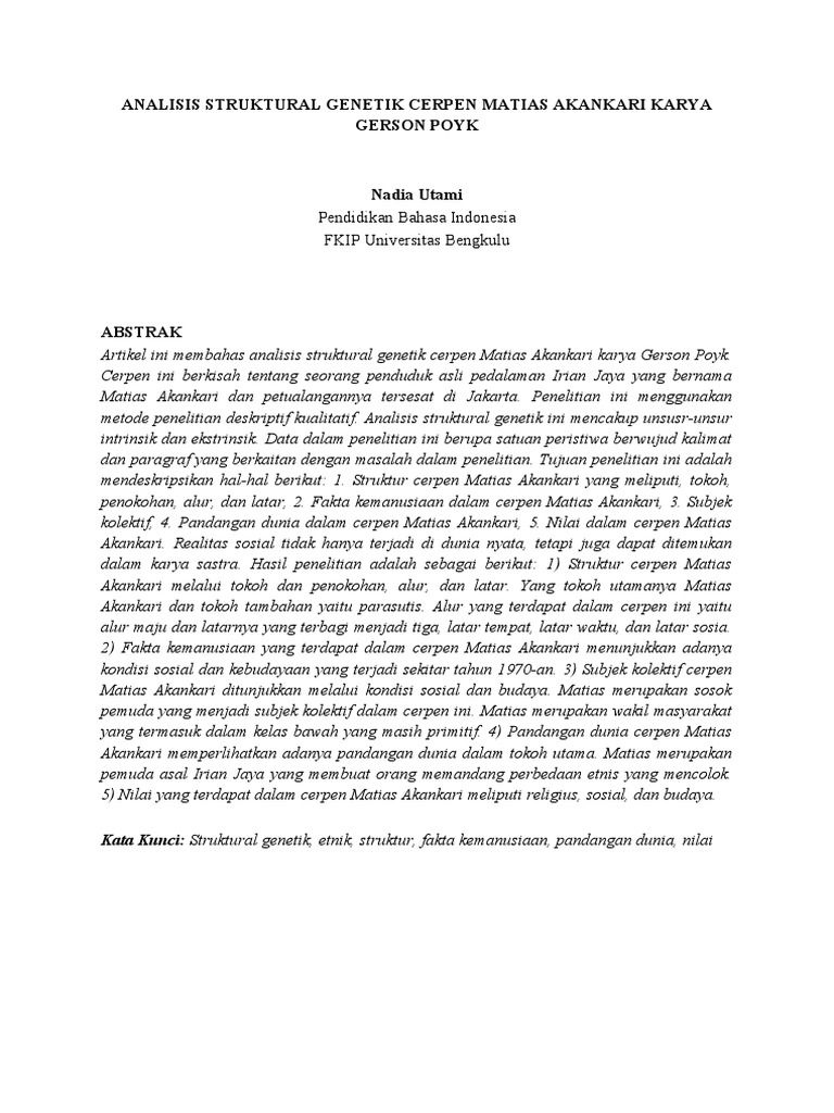 Analisis Struktural Genetik Cerpen Matias Akankari Karya Gerson Poyk | PDF