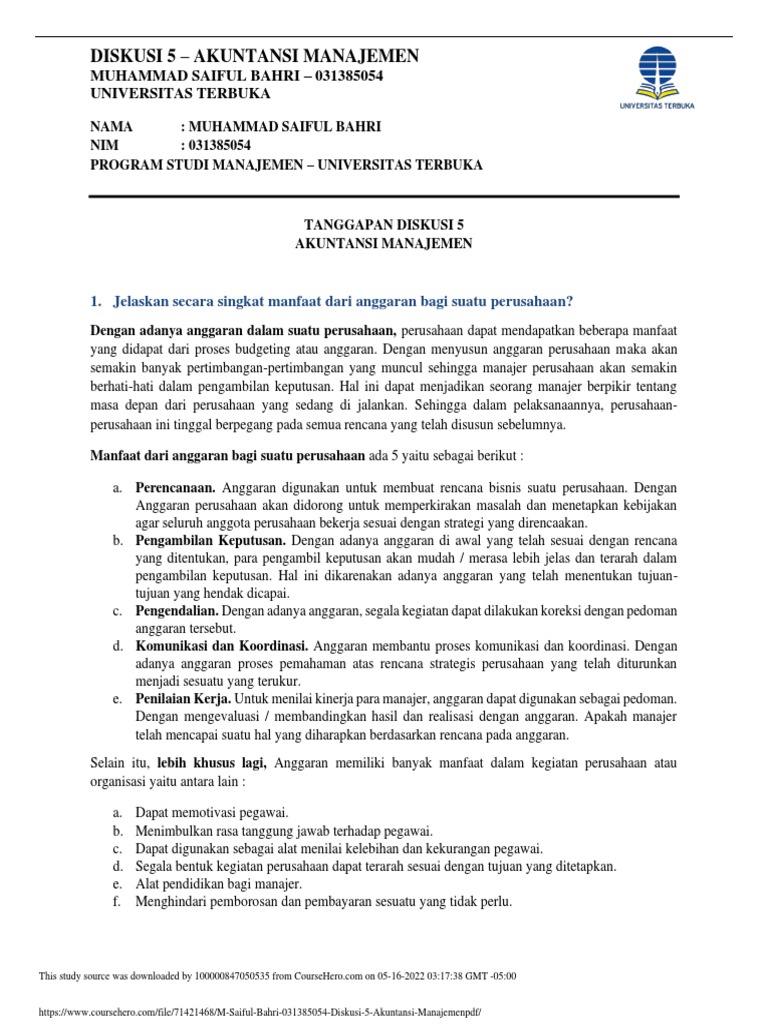 M. Saiful Bahri 031385054 Diskusi 5 Akuntansi Manajemen PDF | PDF