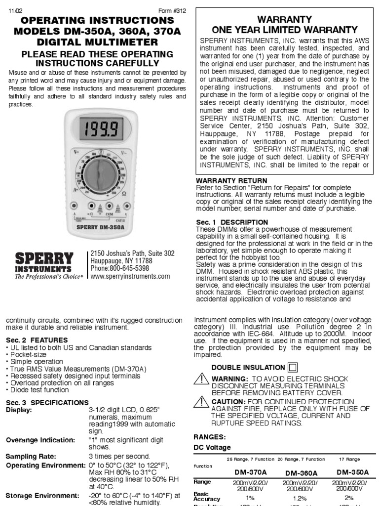 Sperry DM-350A Multimeter Manual | PDF | Root Mean Square | Fuse ...