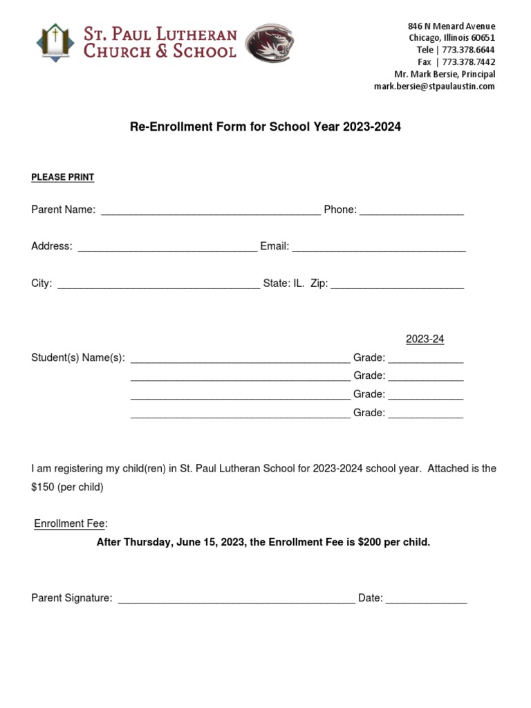Re-Enrollment Form 2023-2024 | PDF