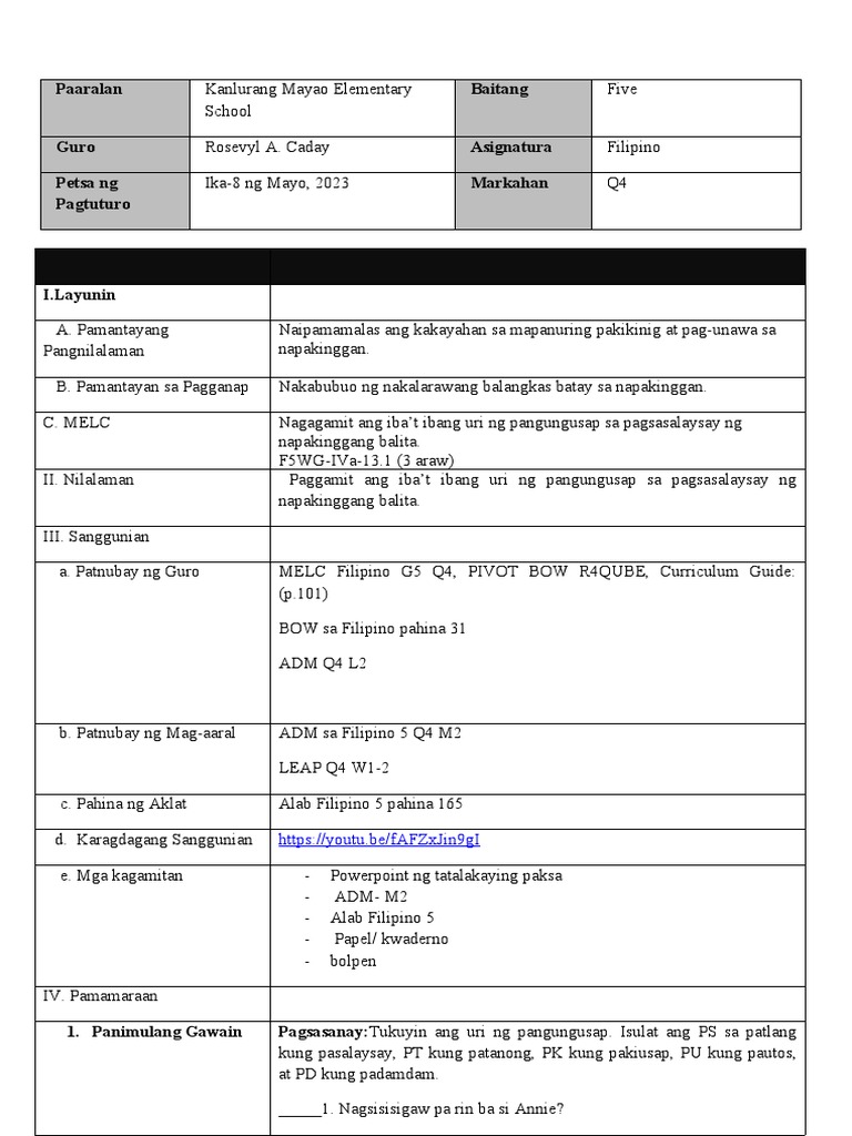 Q4-Filipino 5-W2-D1-3 | PDF