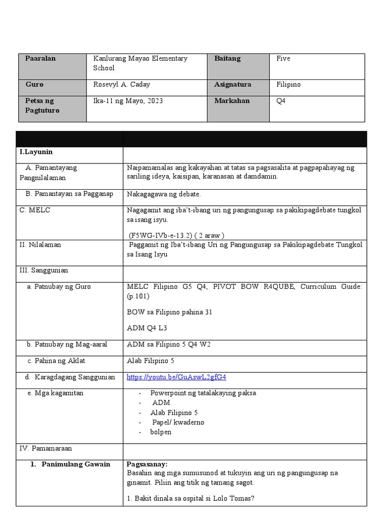 Q4 - Filipino 5 - W2 - D3-4 | PDF