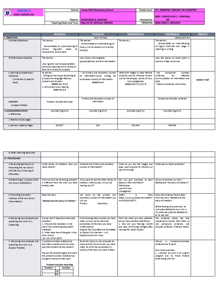 Grade 6 English Lesson Plan Q4 Week 3 | PDF | Learning | Information