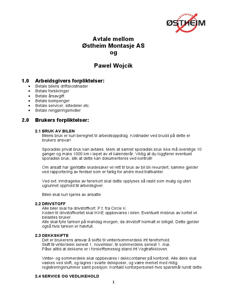 Avtale For Bruk Av Firmabil Wojcik Pawel Nor | PDF