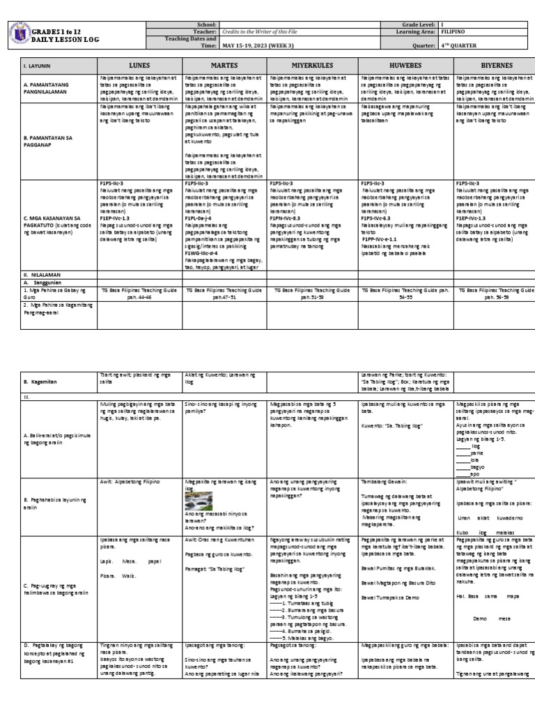 DLL_FILIPINO 1_Q4_W3 | PDF