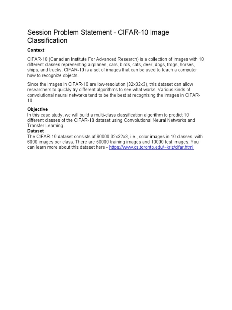 CIFAR-10 Image Classification Case Study | PDF