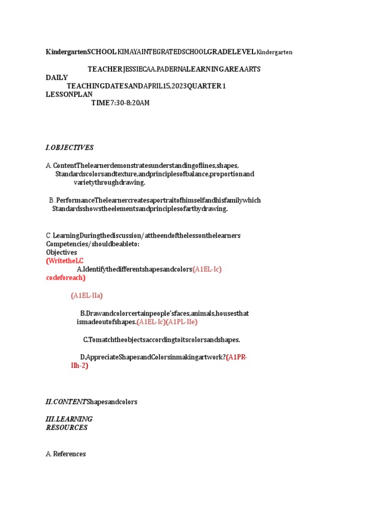 LESSON PLAN T-Arts Revised | PDF | Rectangle | Yellow