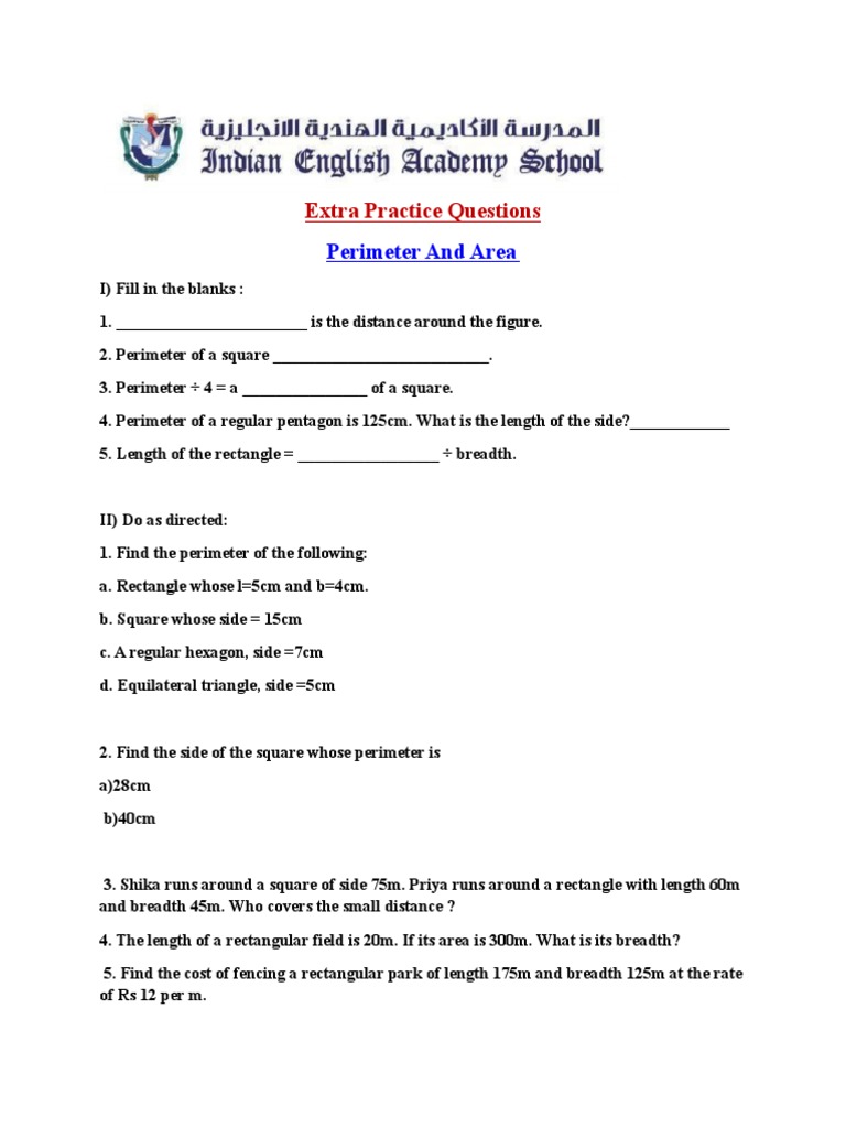 Extra Practice Questions: Perimeter and Area | PDF