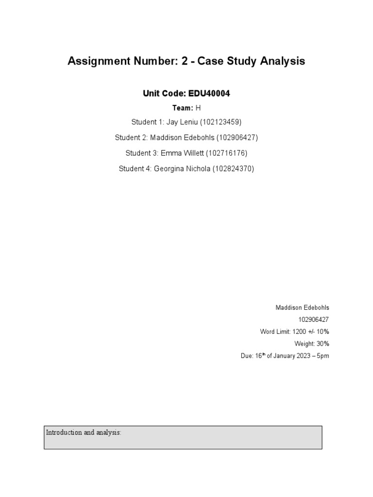 EDU40004-A2 Case Study Analysis | PDF