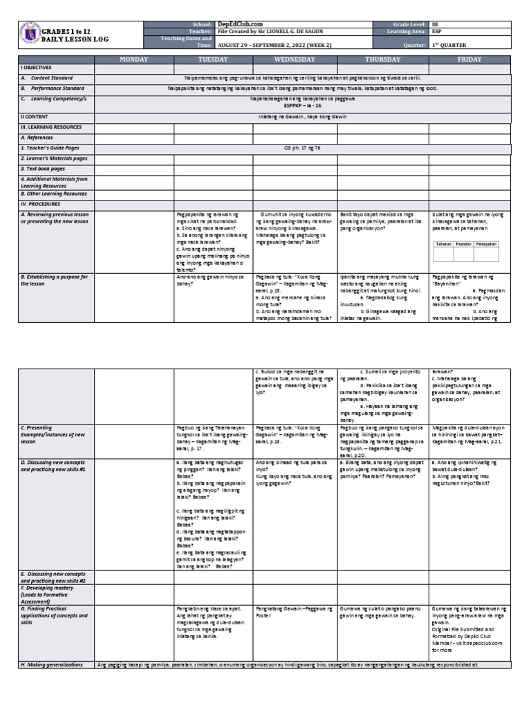DLL - Esp 3 - Q1 - W2 | PDF
